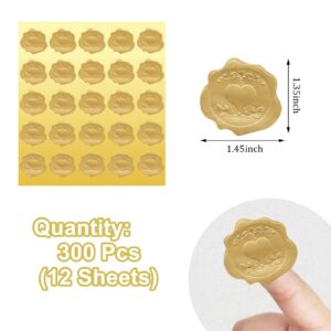 IKDJH 300 Pieces Gold Stickers for Envelopes Heart Embossed Envelope Seals Stickers for Wedding Party Self-Adhesive Wax Seal Stickers for Greeting Cards