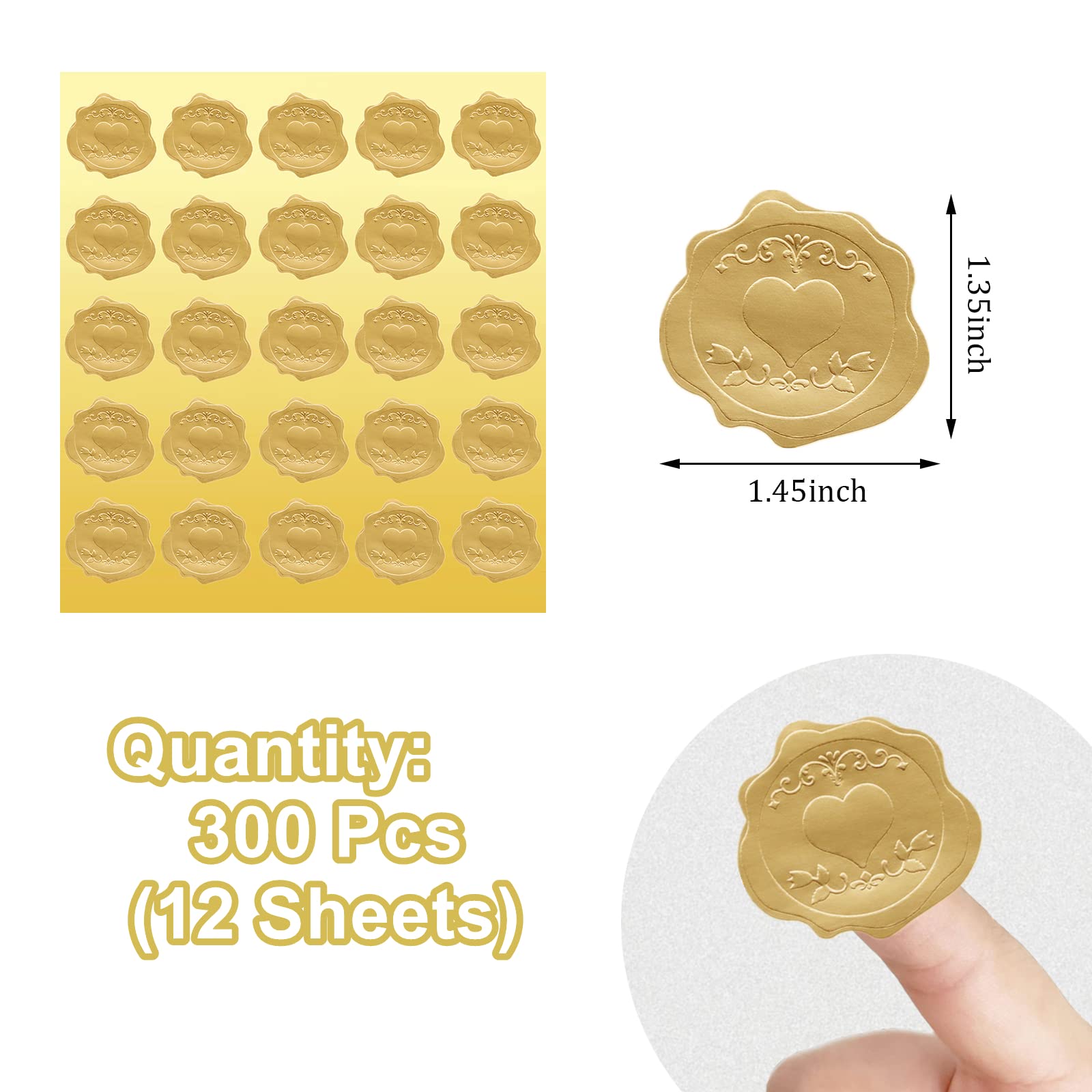 IKDJH 300 Pieces Gold Stickers for Envelopes Heart Embossed Envelope Seals Stickers for Wedding Party Self-Adhesive Wax Seal Stickers for Greeting Cards