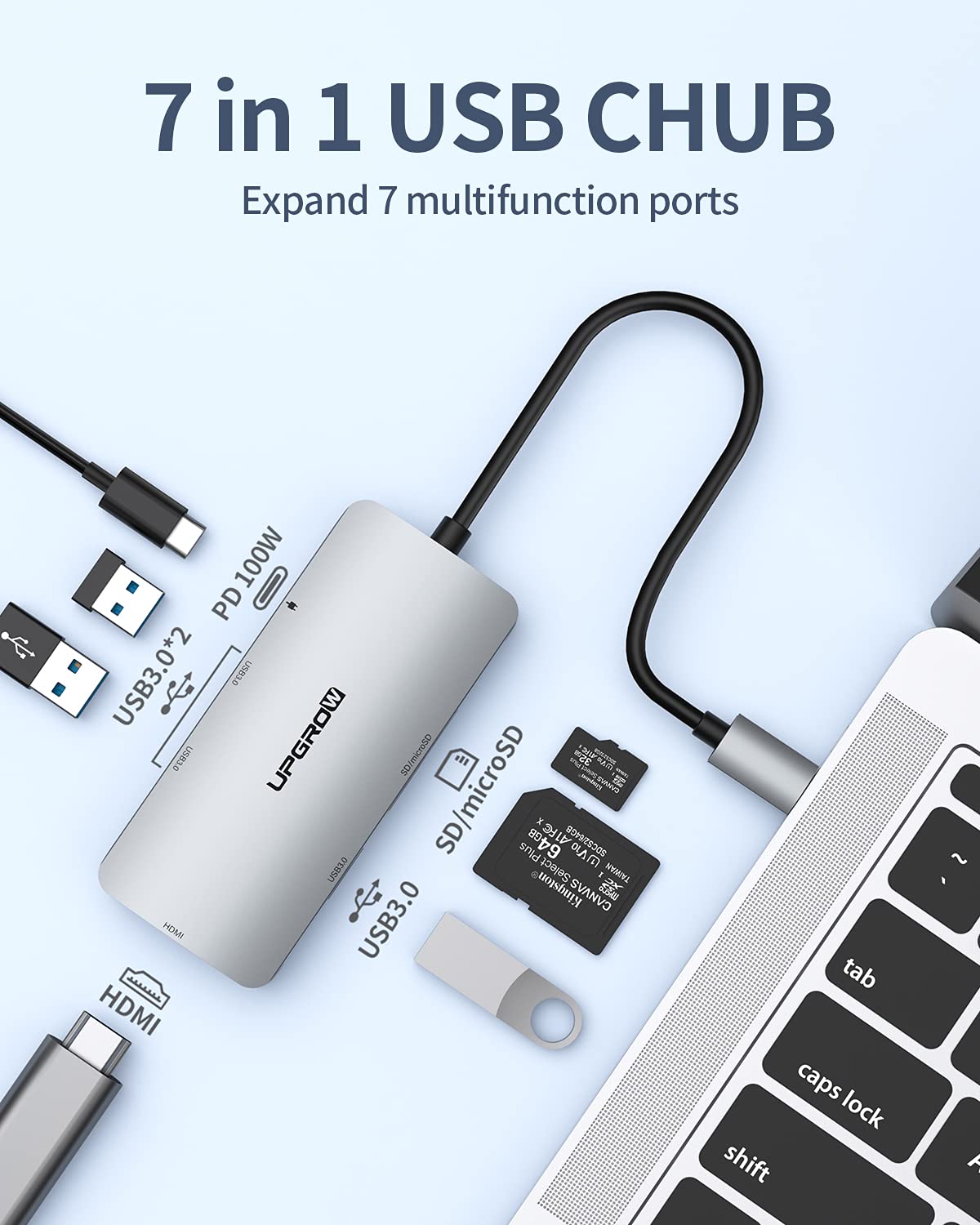 USB C Hub 7in1 UPGROW MacBook Pro Adapter USB C Dongle, 4K HDMI USB3.0 SD/TF Card Reader 100W PD (Latest Version)