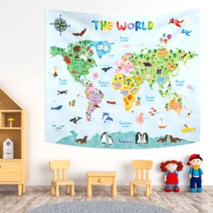 bashom tp-001 animal world map tapestry poster for kids educational learning wall hanging for bedroom living room nursery dorm home decor 60''x50''(150x130cm)