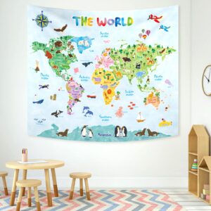 BASHOM TP-001 Animal World Map Tapestry Poster for Kids Educational learning Wall Hanging for Bedroom Living Room Nursery Dorm Home Decor 60''x50''(150x130cm)