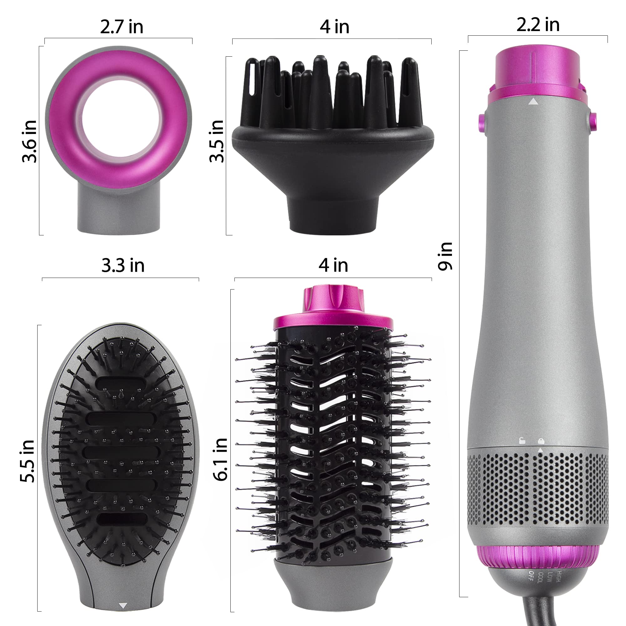 4 in 1 Blow Dryer Brush with Diffuser, Hair Dryer Brush and Volumizer, One-Step Hot Air Brush for Women, Detachable Hair Dryer Styler 1100W for Straightening Curling Drying Scalp Massage Styling