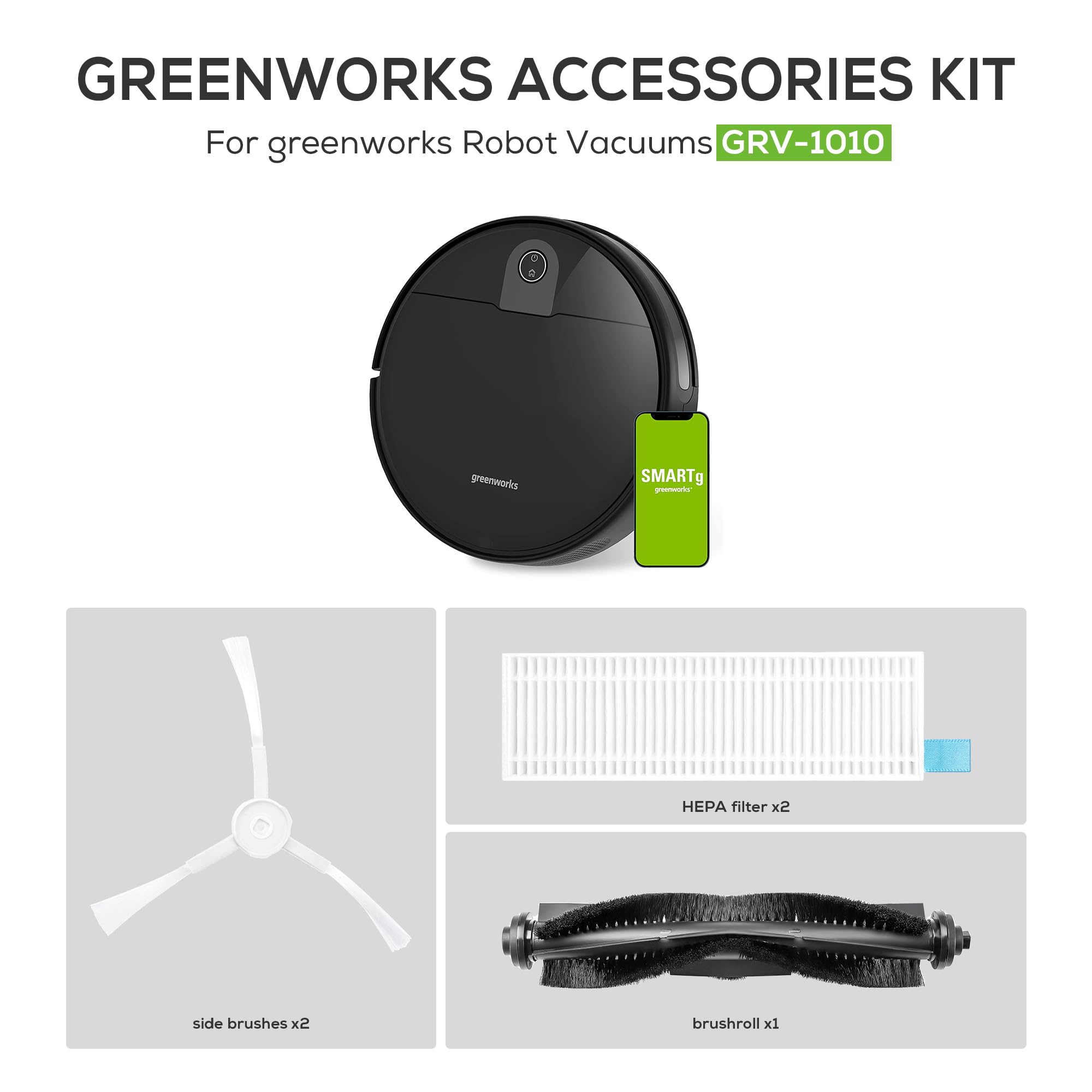 Greenworks GRV-1010 5pc. Robotic Vacuum Replenishment Kit; 2 Edge-Sweeping Brushes, 1 Roller Brush, 2 Filters,White