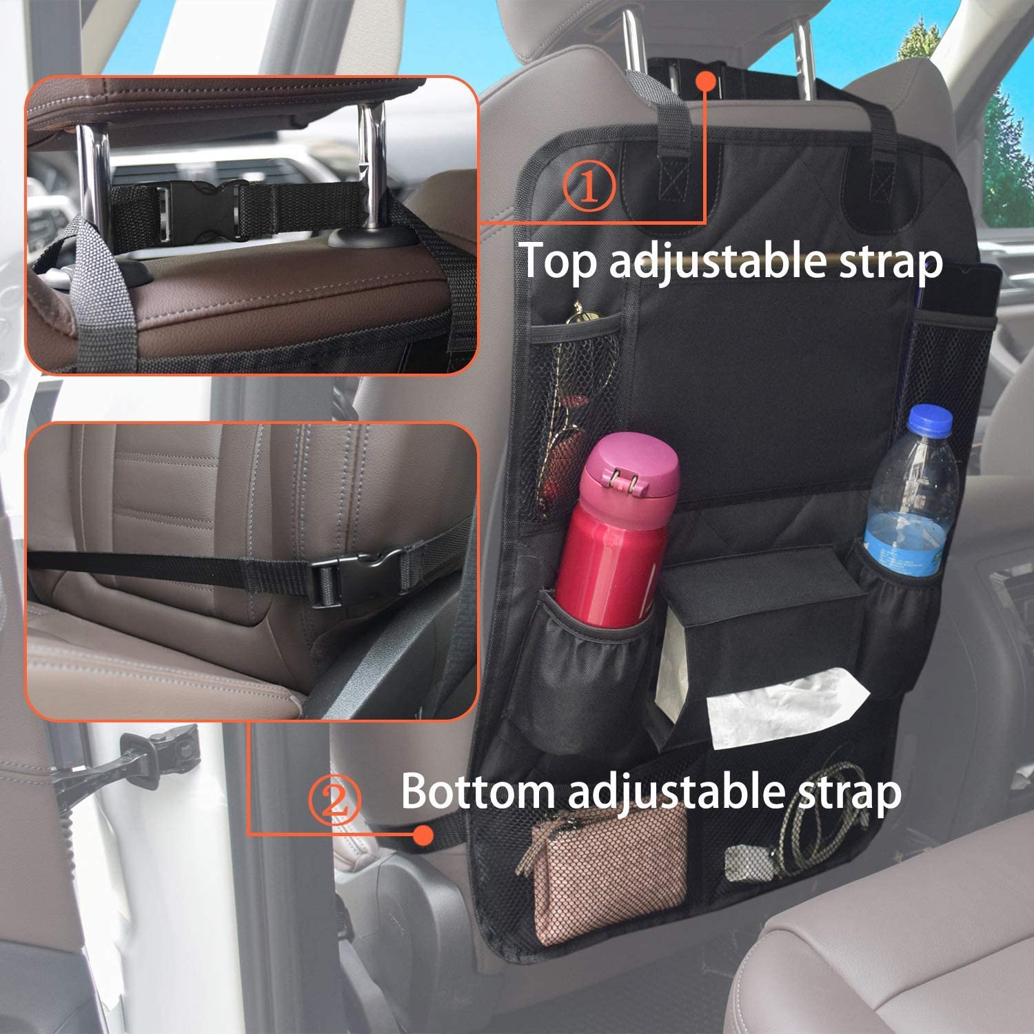 MDSTOP Car Seat Organizer with Kick Mats, Universal Seat Protector for Vehicle Travel Accessories with 14 Storage Pockets and 10” Touch Screen Tablet Holder (Black1(L), 16.4" x 24.3")