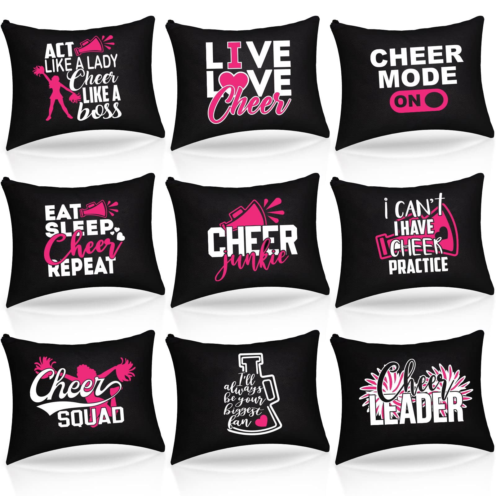 Saintrygo 9 Pieces Cheer Makeup Bags Canvas Cheer Bag Cosmetic for Cheerleaders Gifts Cheer Portable Travel Cheerleading Bag Toiletry Cheer Makeup Case Gift Zipper Pouches for Teammates Girls (Black)