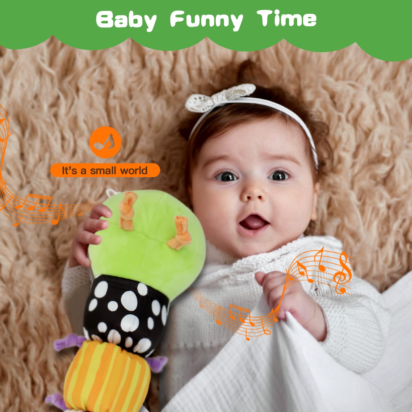 JERICETOY Baby Musical Toy Tummy Time Toy Stuffed Animal Baby Toy with Teether Multi-Sensory Crinkle attle and Texture Newborn Toy for 0-3-6-12 Months Boys, Girls