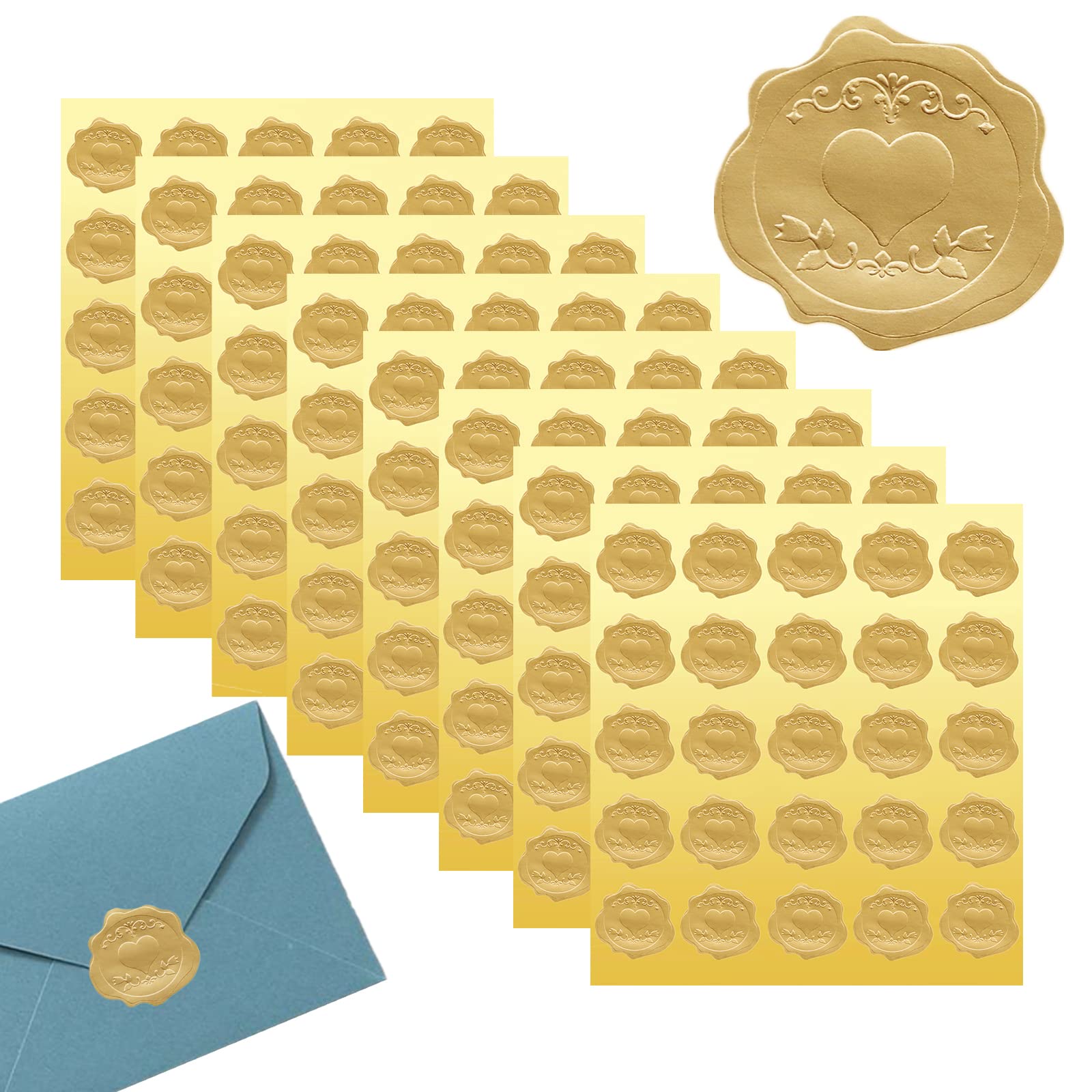 IKDJH 300 Pieces Gold Stickers for Envelopes Heart Embossed Envelope Seals Stickers for Wedding Party Self-Adhesive Wax Seal Stickers for Greeting Cards