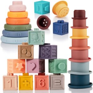 charniol 3 set montessori toys for babies soft baby stacking block baby toy blocks for 6 to 12 months silicone ring stacker sensory building toy