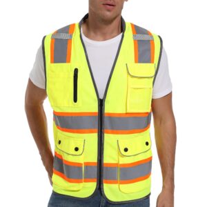 arcridge reflective safety vest for men and women - high visibility construction vest - dual tone reflective strips (yellow, large)