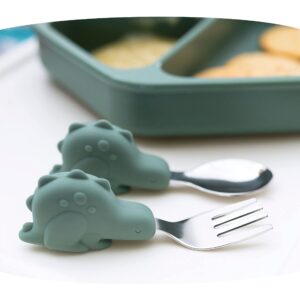 Tiny Twinkle Easy Grip Toddler Utensils Spoon and Fork Set - BPA & Phthalate Free Utensil Sets, Kids Silverware With Silicone Handle, Baby Led Weaning Supplies for 12 Months & Up (Olive Dinosaur)