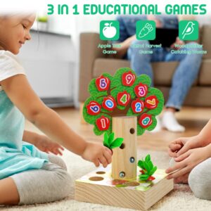 HELLOWOOD 3-in-1 Wooden Montessori Farm Toys for Toddlers Age 3+, Includes Carrot Harvest Game, Woodpecker & Apple Tree Number Game, Early Development Toy Gifts for Kids