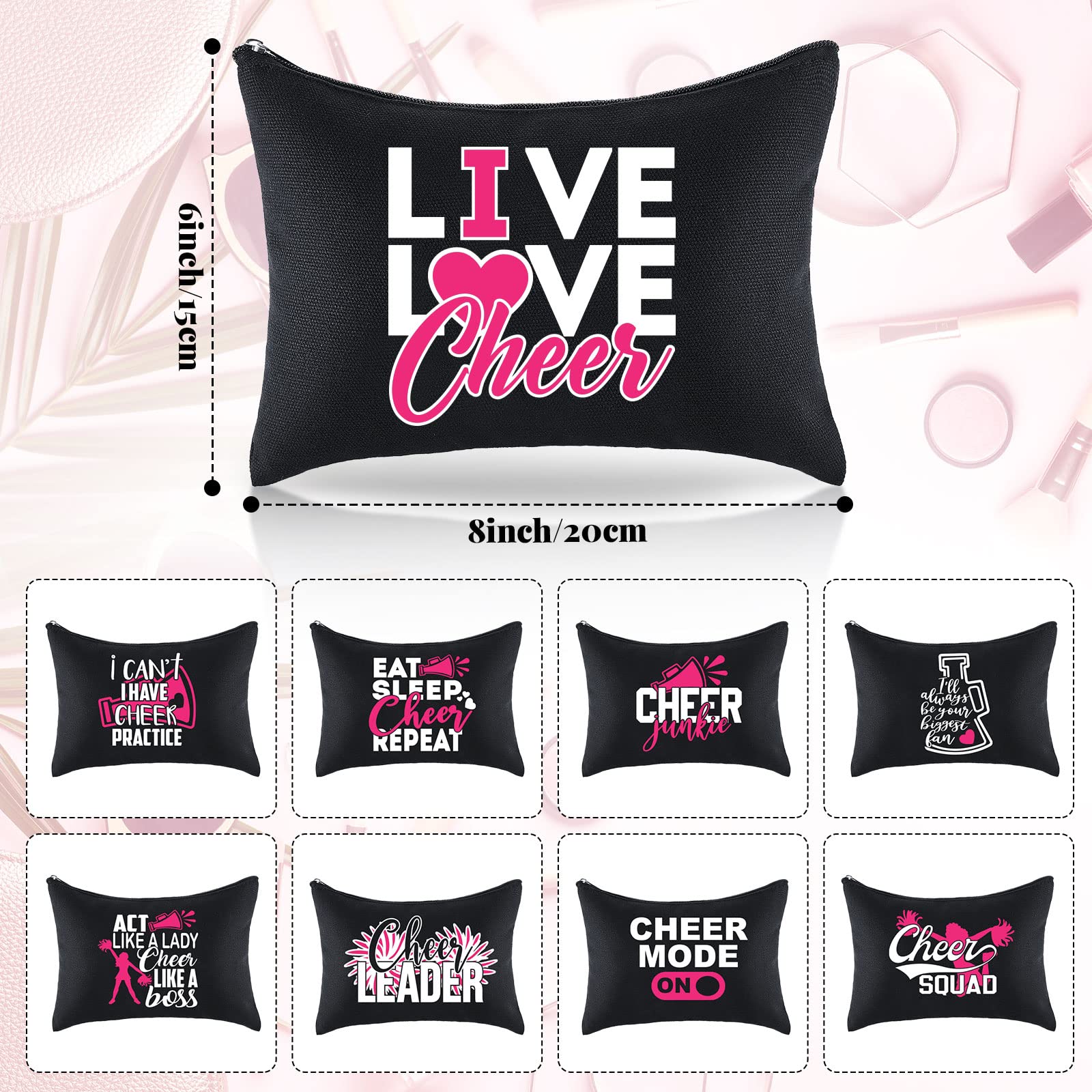 Saintrygo 9 Pieces Cheer Makeup Bags Canvas Cheer Bag Cosmetic for Cheerleaders Gifts Cheer Portable Travel Cheerleading Bag Toiletry Cheer Makeup Case Gift Zipper Pouches for Teammates Girls (Black)