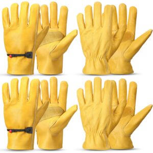 bencailor 4 pairs cowhide leather gloves adjustable wrist gloves puncture cut resistant gloves work gloves for men & women(golden yellow)