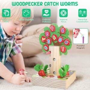 HELLOWOOD 3-in-1 Wooden Montessori Farm Toys for Toddlers Age 3+, Includes Carrot Harvest Game, Woodpecker & Apple Tree Number Game, Early Development Toy Gifts for Kids