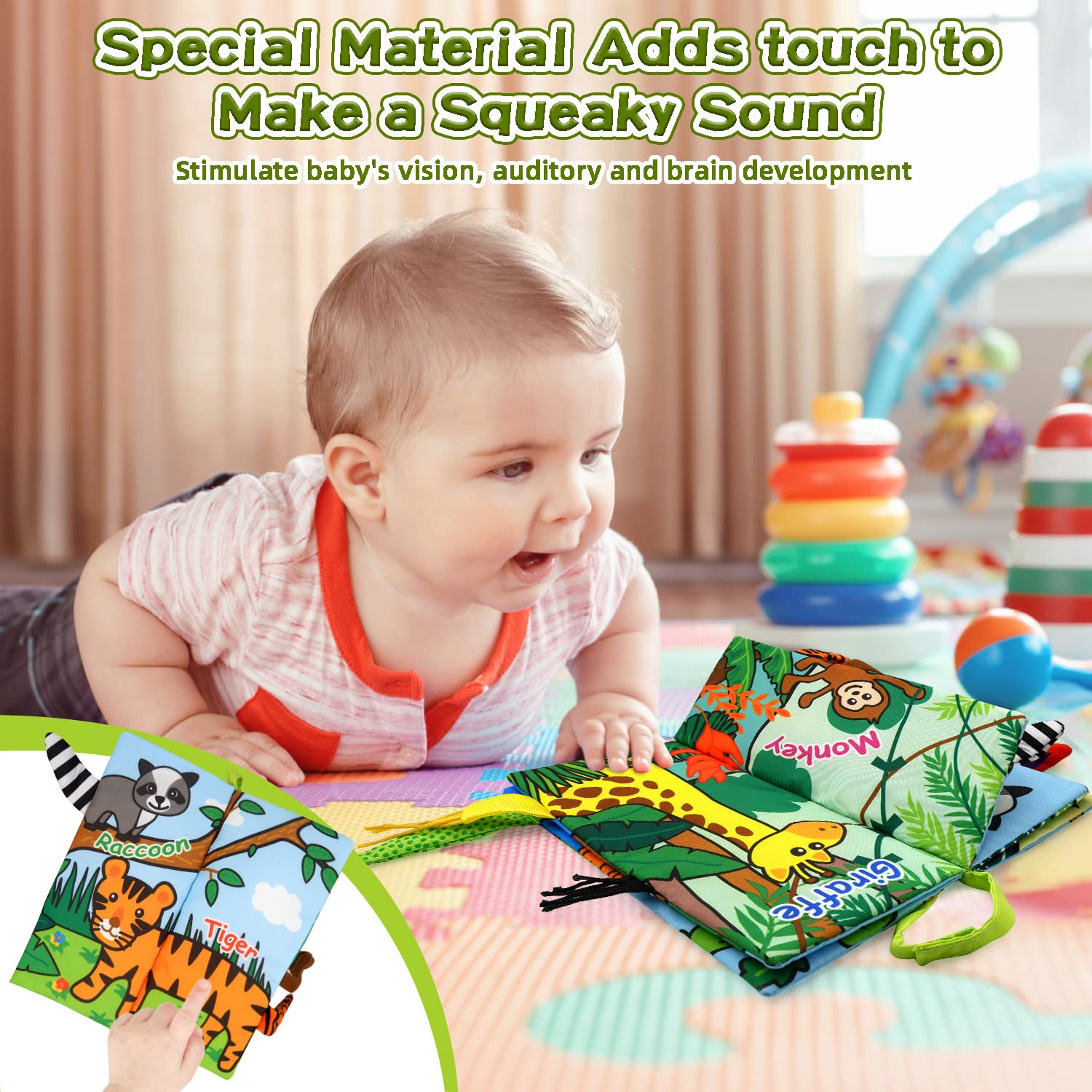 Soft Books for Baby 6 12 Months, Infants Sensory Toys for 0-6 Month, Newborn Crinkle Book for Baby Early Development, Touch and Feel Jungly Tails Cloth Book, Best Baby Gift 3 6 8 9 12 Months Girl Boy