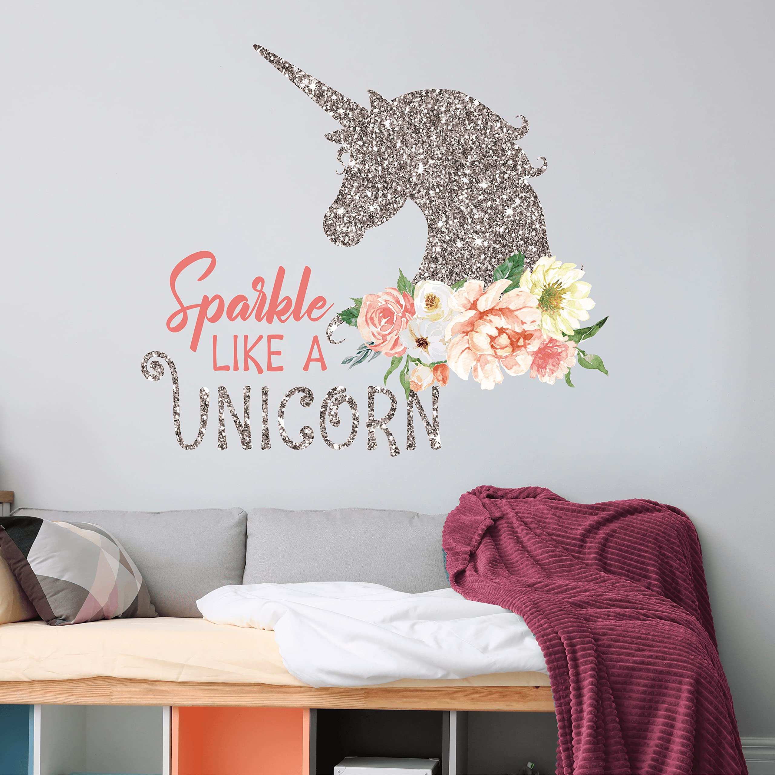 Sparkle Gold Unicorn Wall Decor - Flower Wall Decals - Unicorn Gifts for Girls Bedroom - Unicorn Sticker Wall Decals - Baby Nursery Decor Wall Art Vinyl Removable KA1649 (20"W x 18"H (50x45cm))