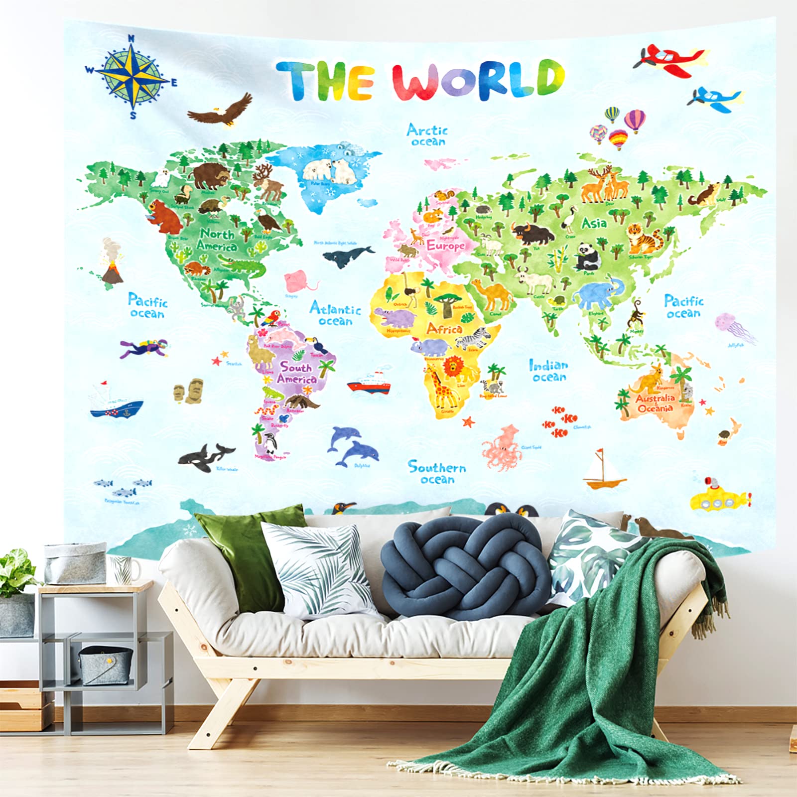 BASHOM TP-001 Animal World Map Tapestry Poster for Kids Educational learning Wall Hanging for Bedroom Living Room Nursery Dorm Home Decor 60''x50''(150x130cm)