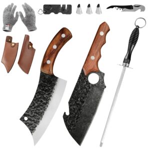 9/11pcs chef's knife set - hand forged boning knife, high carbon steel chef's knife, full tang bone cleaver with sheath, serbian cleaver for outdoor camping, bbq, kitchen (9)