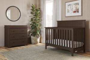 child craft farmhouse crib, 3-drawer dresser with changing table topper nursery set, 3-piece, includes 4-in-1 convertible crib, dresser with topper, grows with your baby (brushed truffle)