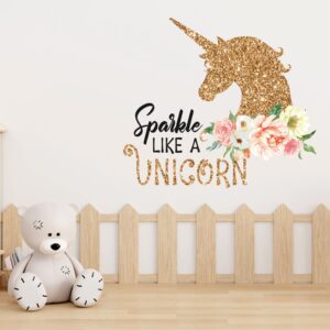 sparkle gold unicorn wall decor - flower wall decals - unicorn gifts for girls bedroom - unicorn sticker wall decals - baby nursery decor wall art vinyl removable ka1649 (20"w x 18"h (50x45cm))