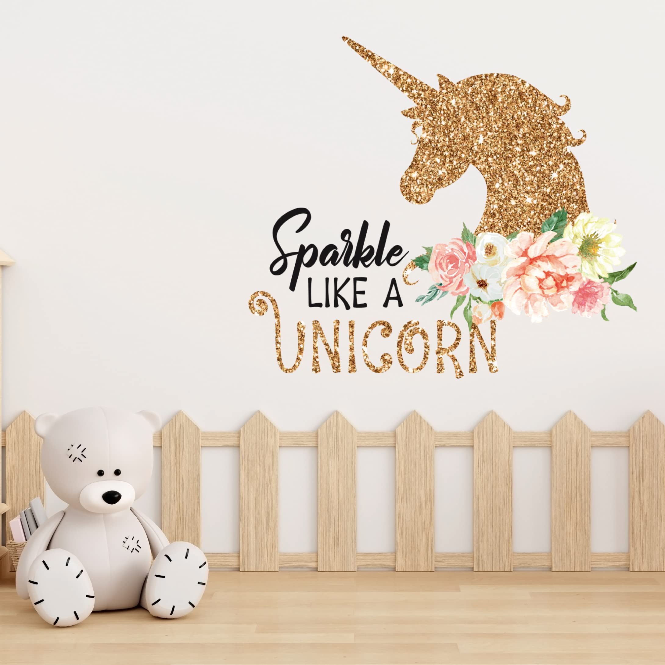 Sparkle Gold Unicorn Wall Decor - Flower Wall Decals - Unicorn Gifts for Girls Bedroom - Unicorn Sticker Wall Decals - Baby Nursery Decor Wall Art Vinyl Removable KA1649 (20"W x 18"H (50x45cm))