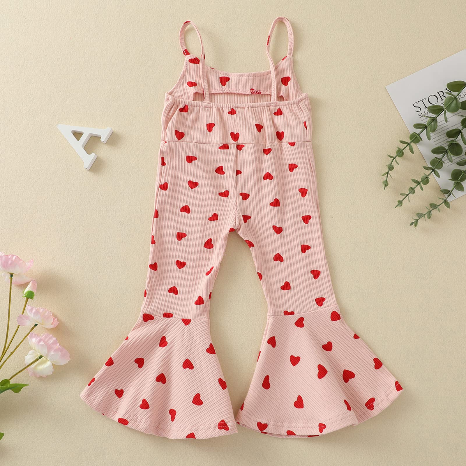 DuAnyozu Toddler Baby Girl Valentines Day Outfit Sleeveless Ribbed Romper One Piece Bell Bottom Jumpsuit Love Heart Outfit (Red Love Heart, 18-24 Months)