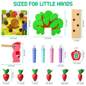 HELLOWOOD 3-in-1 Wooden Montessori Farm Toys for Toddlers Age 3+, Includes Carrot Harvest Game, Woodpecker & Apple Tree Number Game, Early Development Toy Gifts for Kids