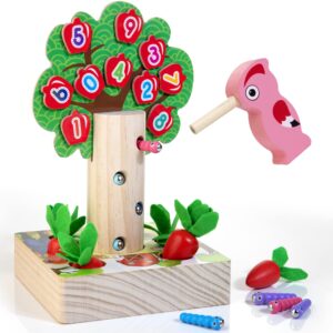 hellowood 3-in-1 wooden montessori farm toys for toddlers age 3+, includes carrot harvest game, woodpecker & apple tree number game, early development toy gifts for kids