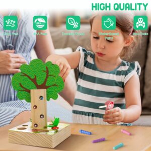 HELLOWOOD 3-in-1 Wooden Montessori Farm Toys for Toddlers Age 3+, Includes Carrot Harvest Game, Woodpecker & Apple Tree Number Game, Early Development Toy Gifts for Kids