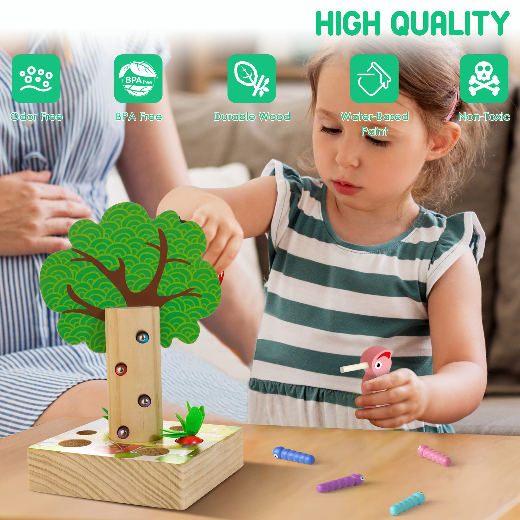 HELLOWOOD 3-in-1 Wooden Montessori Farm Toys for Toddlers Age 3+, Includes Carrot Harvest Game, Woodpecker & Apple Tree Number Game, Early Development Toy Gifts for Kids