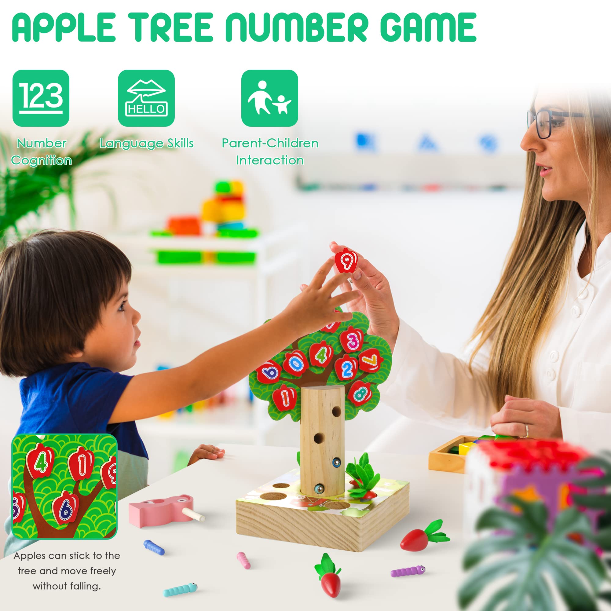 HELLOWOOD 3-in-1 Wooden Montessori Farm Toys for Toddlers Age 3+, Includes Carrot Harvest Game, Woodpecker & Apple Tree Number Game, Early Development Toy Gifts for Kids