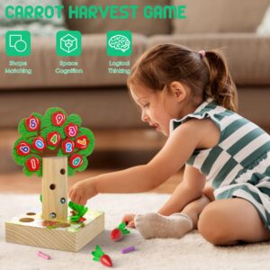 HELLOWOOD 3-in-1 Wooden Montessori Farm Toys for Toddlers Age 3+, Includes Carrot Harvest Game, Woodpecker & Apple Tree Number Game, Early Development Toy Gifts for Kids