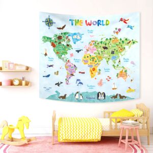 BASHOM TP-001 Animal World Map Tapestry Poster for Kids Educational learning Wall Hanging for Bedroom Living Room Nursery Dorm Home Decor 60''x50''(150x130cm)