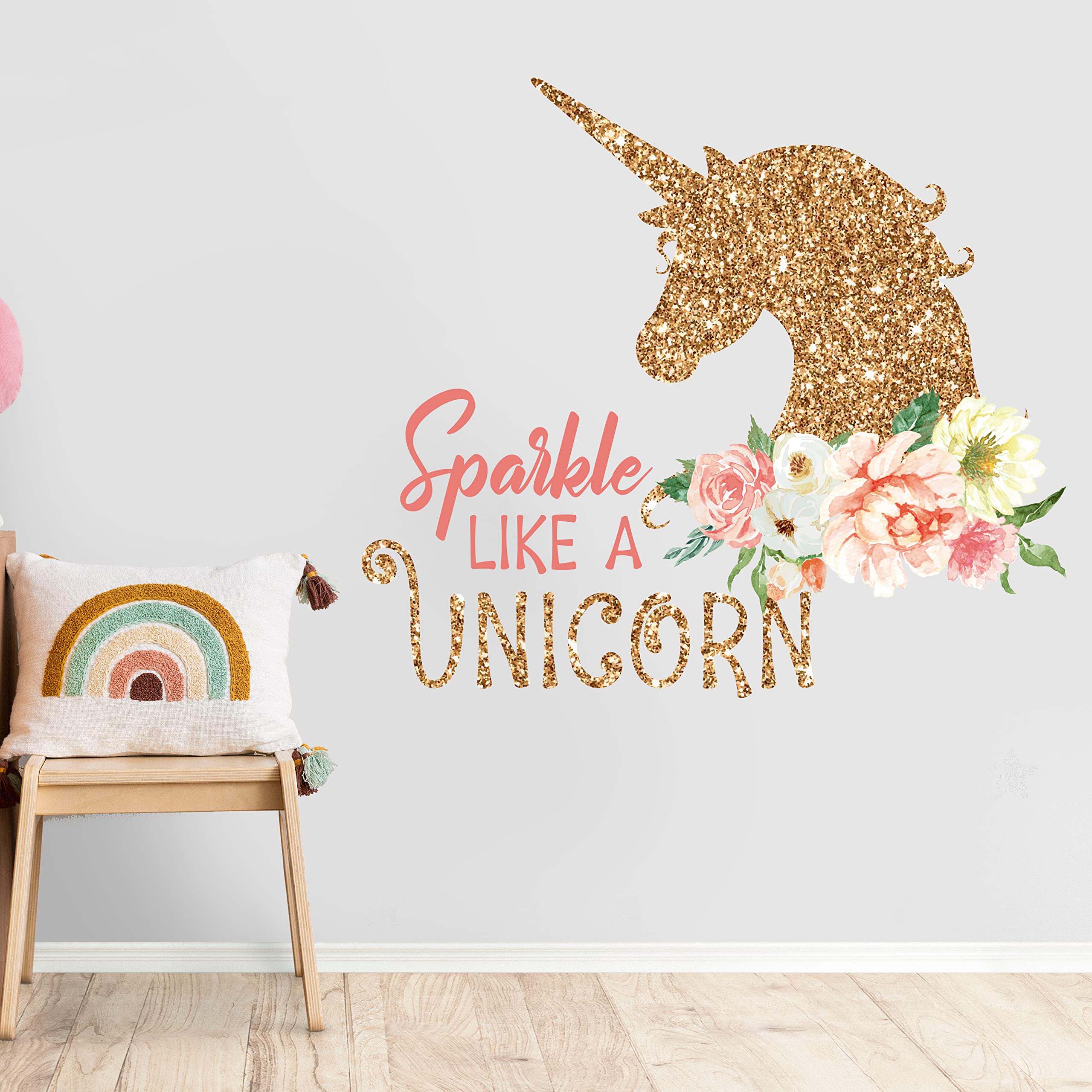 Sparkle Gold Unicorn Wall Decor - Flower Wall Decals - Unicorn Gifts for Girls Bedroom - Unicorn Sticker Wall Decals - Baby Nursery Decor Wall Art Vinyl Removable KA1649 (20"W x 18"H (50x45cm))