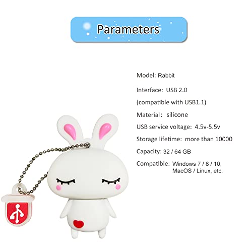 32GB USB Flash Drive Cartoon Rabbit-Shaped, BorlterClamp Cute USB Drive Thumb Drive Memory Stick for External Data Storage