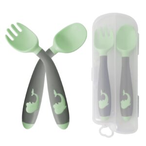 baby utensils spoons forks sets with travel safe case, easy grip heat resistant bendable bpa free toddler feeding training utensils sets (green)