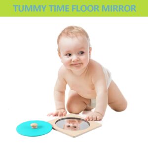 Baby Tummy Time Mirror, Montessori Toys for Babies 0-6-12 Months, Wooden Peekaboo Knob Puzzle, Sensory Development Toys for Infant Toddler, Best Baby Boys Girls Gift Idea(Blue)