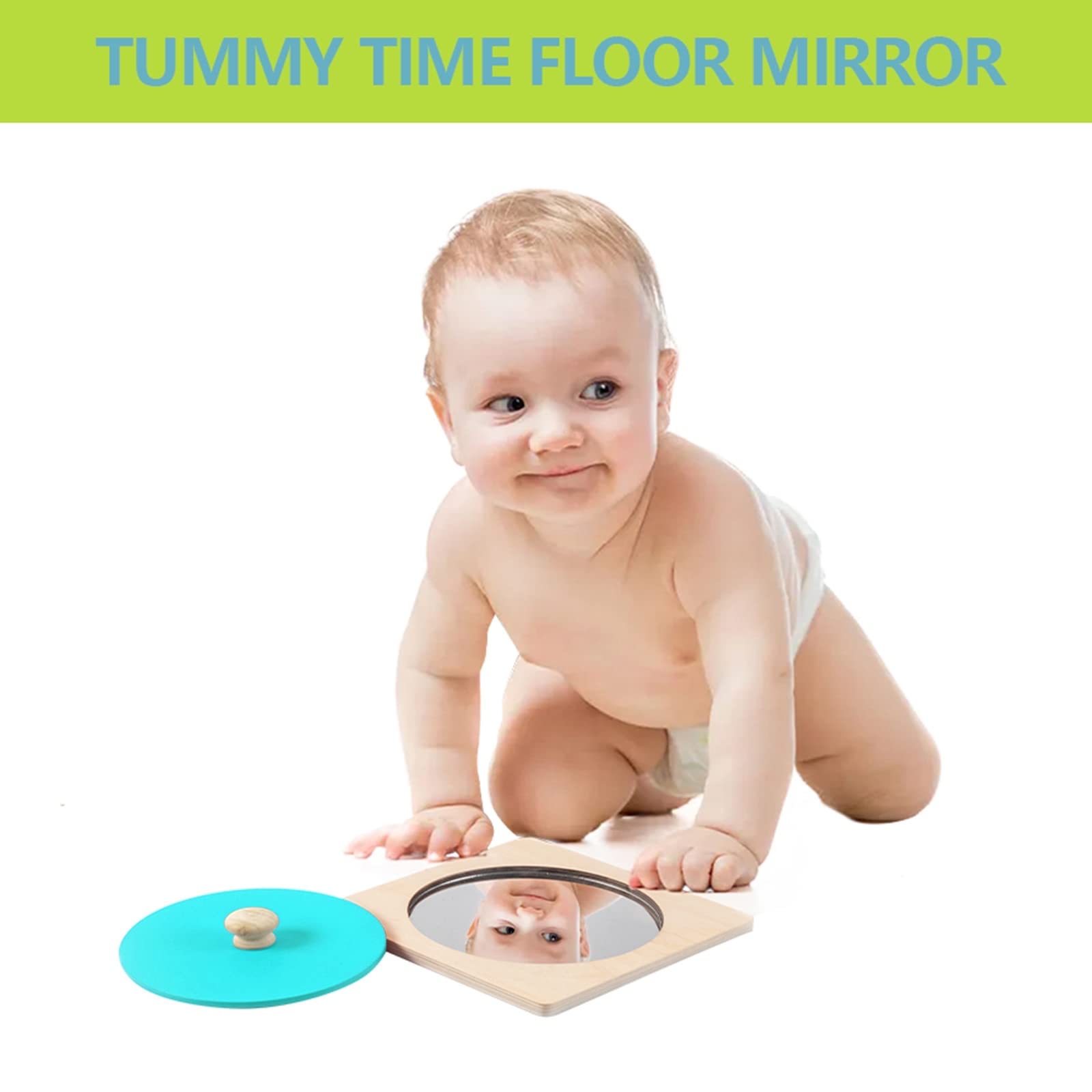 Baby Tummy Time Mirror, Montessori Toys for Babies 0-6-12 Months, Wooden Peekaboo Knob Puzzle, Sensory Development Toys for Infant Toddler, Best Baby Boys Girls Gift Idea(Blue)