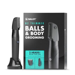 ballsy b2 groin & body trimmer for men, includes 2 quick change heads, waterproof, cordless charging base for the ultimate close shave