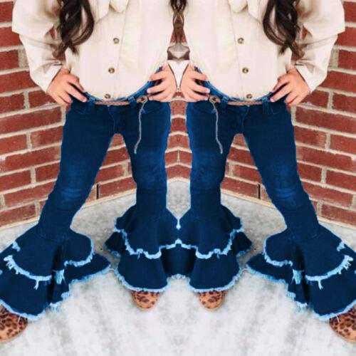 Kids Toddler Baby Girl Flared Jeans Bell Bottom Ruffled Pants Ripped Denim Legging Trousers for Little Girls (C-Blue, 2-3 Years)