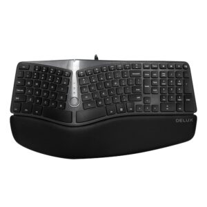 delux wired ergonomic split keyboard with wrist rest, ergo keyboard with 2 usb passthrough, natural typing reducing hand pressure, 107 keys, for windows and mac os (gm901u-black)