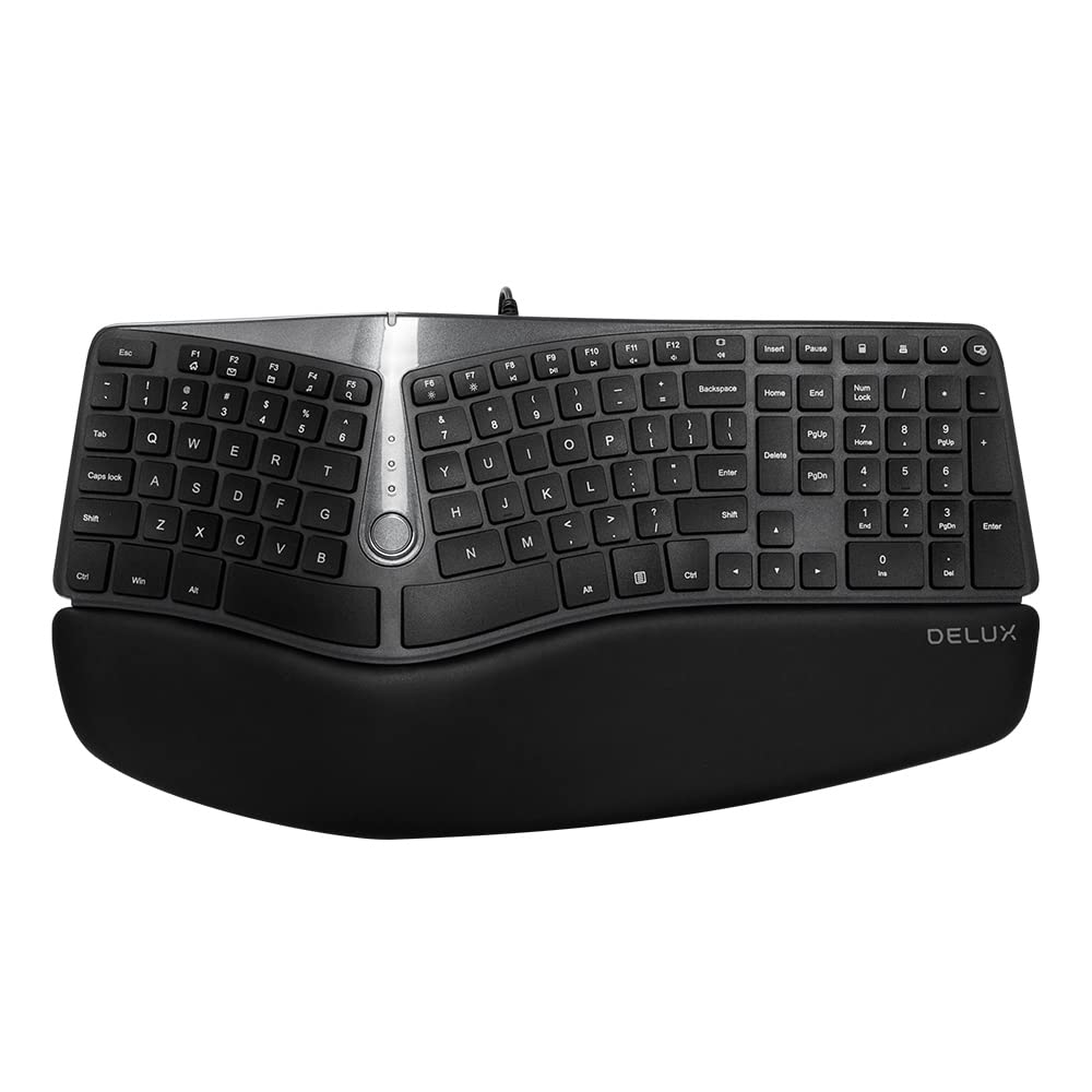 DeLUX Wired Ergonomic Split Keyboard with Wrist Rest, Ergo Keyboard with 2 USB Passthrough, Natural Typing Reducing Hand Pressure, 107 Keys, for Windows and Mac OS (GM901U-Black)