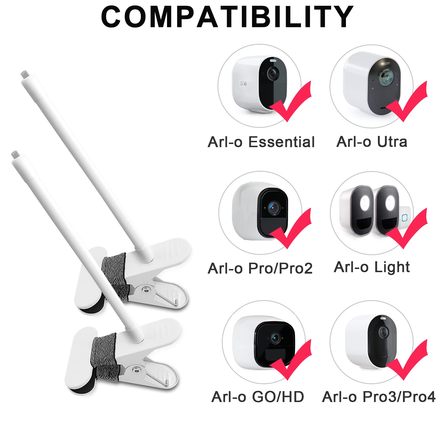 AOZTSUN 2Pack Flexible Clamp Mount Compatible with Arlo Cam, Arlo Pro/Pro 2/Pro 3/Ultra/Ultra 2, & Others Flexible Gooseneck Mounting Bracket No Tools or Wall Damage Required (White)