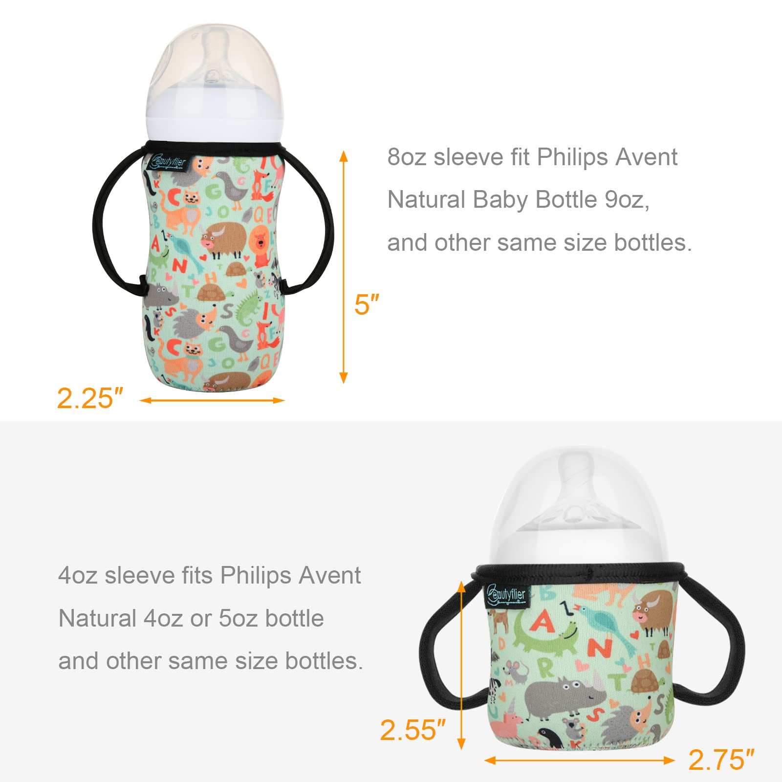 Beautyflier Set of 2 Glass Baby Bottle Sleeves with Double Handles Adjustable Sleeves Neoprene Holder for Philips Avent Natural 4oz-5oz, 8oz-9oz and More (Land Animals)