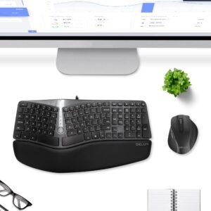 DeLUX Wired Ergonomic Split Keyboard with Wrist Rest, Ergo Keyboard with 2 USB Passthrough, Natural Typing Reducing Hand Pressure, 107 Keys, for Windows and Mac OS (GM901U-Black)