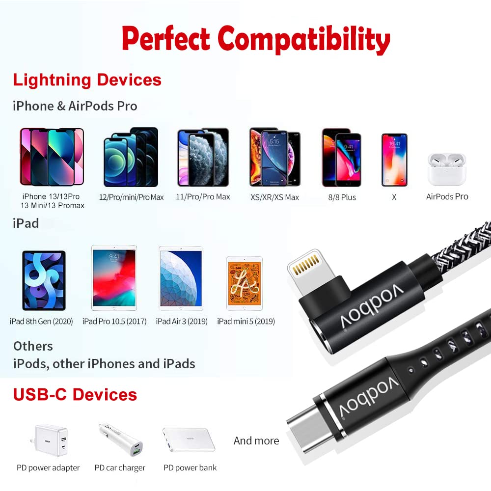 VODBOV USB-C to Lightning Cable 2FT to 8FT Right Angle Coiled Charging Cable Durable Coil MFi Certified Charger Cord Zebra Black