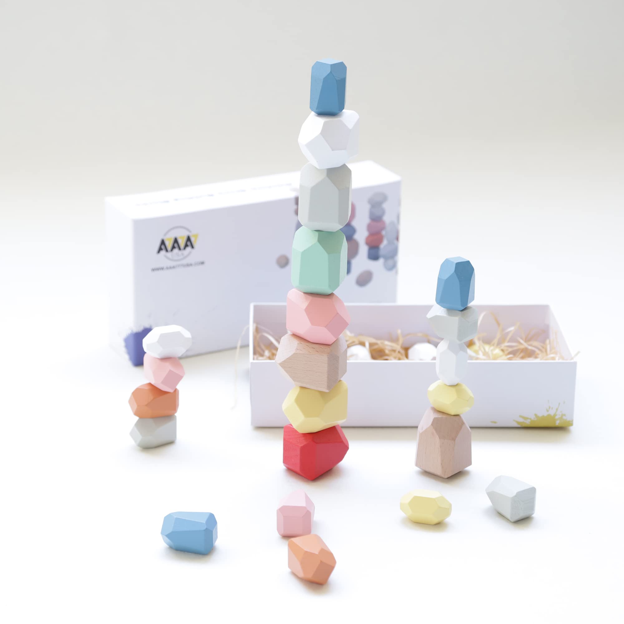 AAA777USA Montessori Stacking Wooden Rocks Balancing Stone Preschool Educational Sensory Toys for Toddlers 3 4 5 Year Boys and Girls – Building Block Set 36 pcs