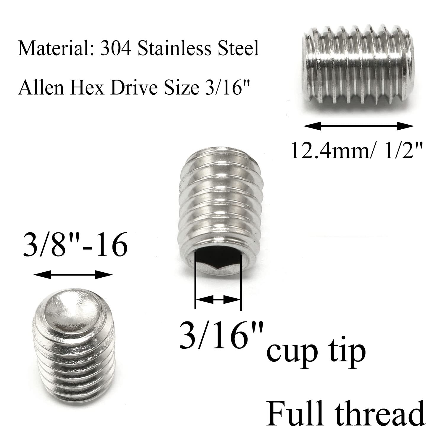 Socket Set Screws Pro Bamboo Kitchen 10pcs 3/8 in-16 X 1/2 in Set Screw 304 Stainless Steel Full Thread Cup Point Grub Screws Flat Point Hexagon Socket Set Screws