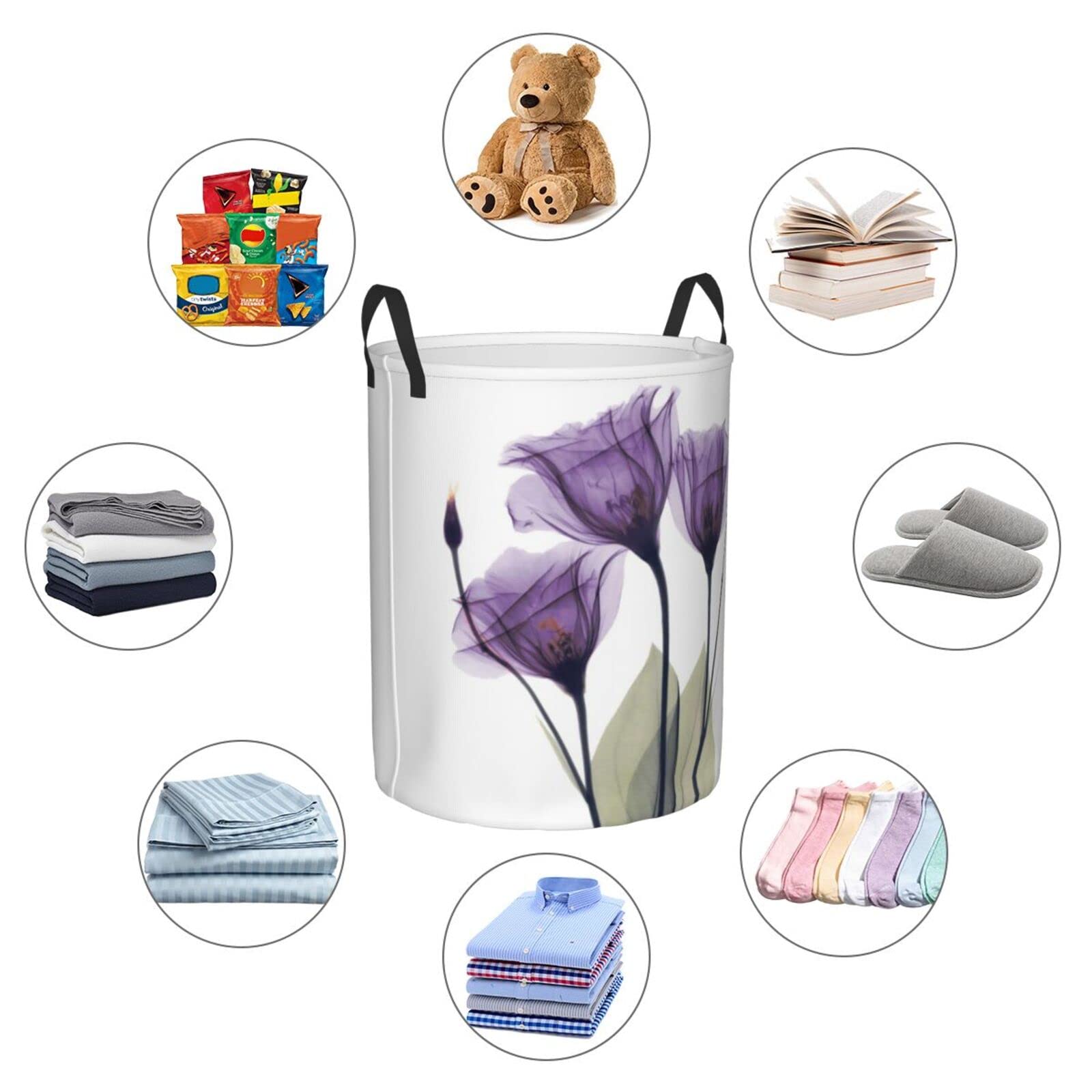 Gbuzozie 38L Round Laundry Hamper Purple Tulip Flowers Storage Basket Waterproof Coating Organizer Bin For Nursery Clothes Toys