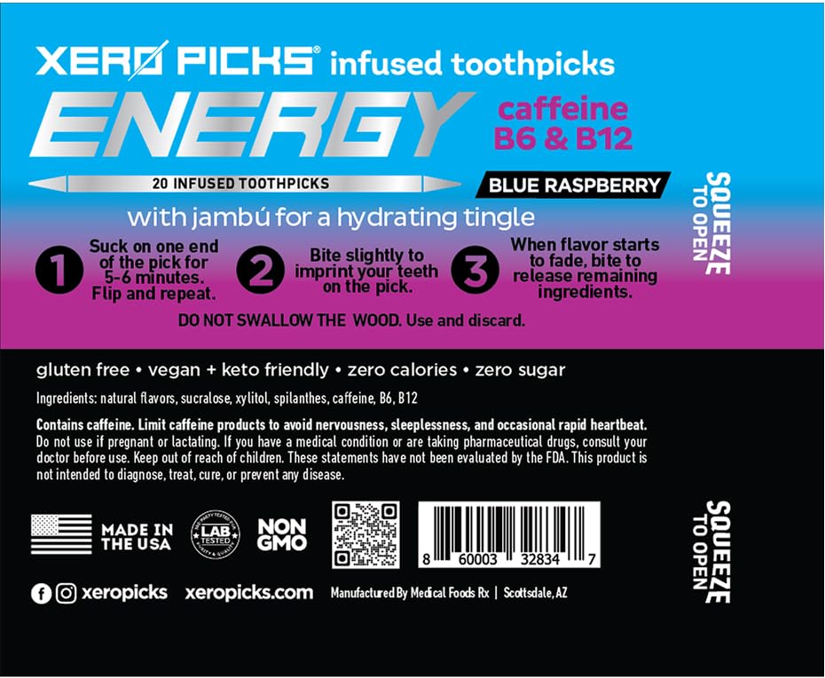 Xero Picks Energy Infused Flavored Toothpicks with Caffeine, B12 and B6-80 Picks - 4 Pack - Fruit Punch, Cool Mint, Berry, Cinnamint